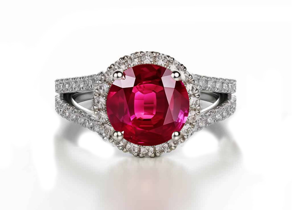 1216 custom made vintage inspired ruby and diamond floral halo engagem ...