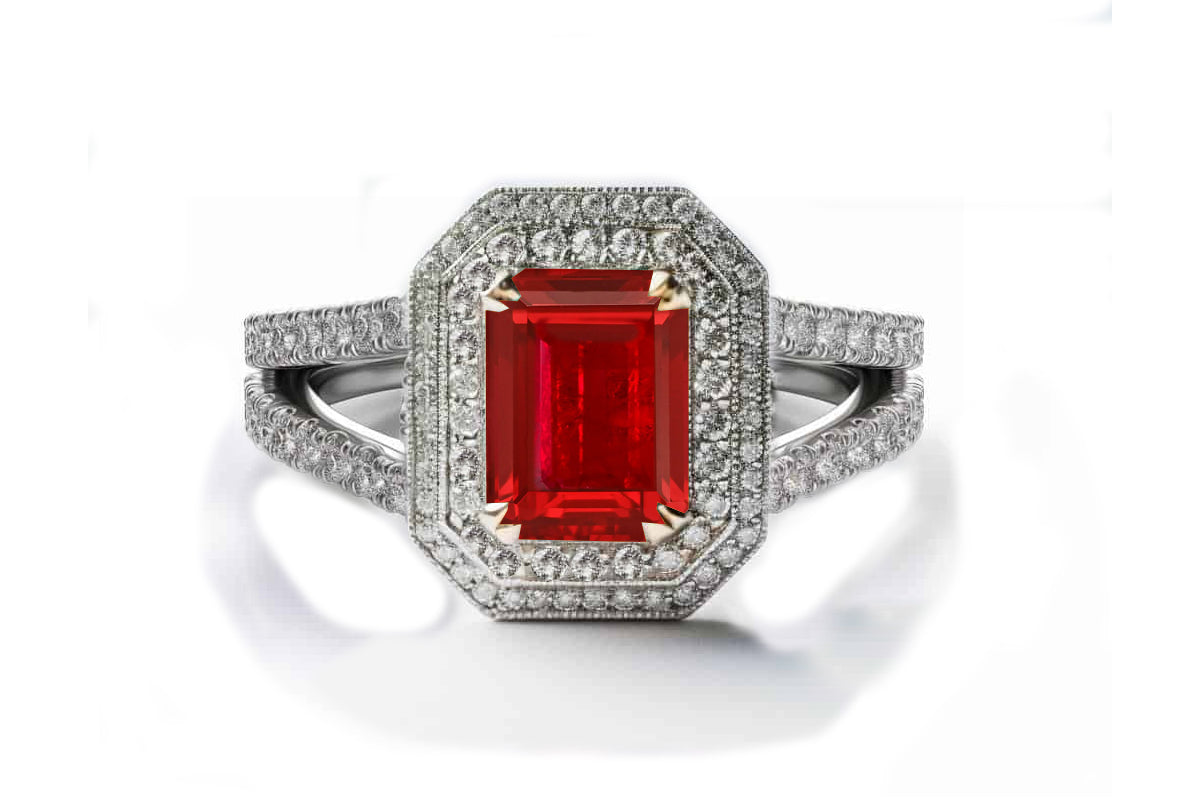 1219 custom made vintage inspired ruby and diamond floral halo engagem ...