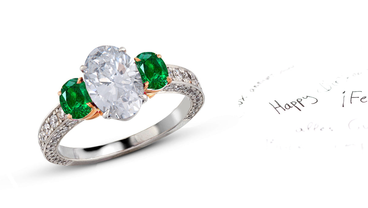 305 custom made unique oval diamond center stone and oval emerald acce ...