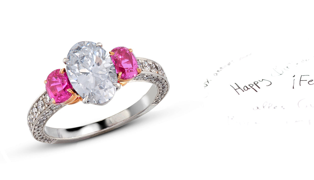 305 custom made unique oval diamond center stone and oval pink sapphir ...